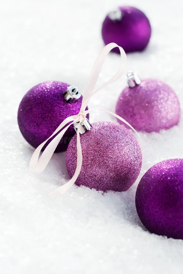 Christmas Card with Violet Balls and Ribbon Stock Image - Image of blue ...