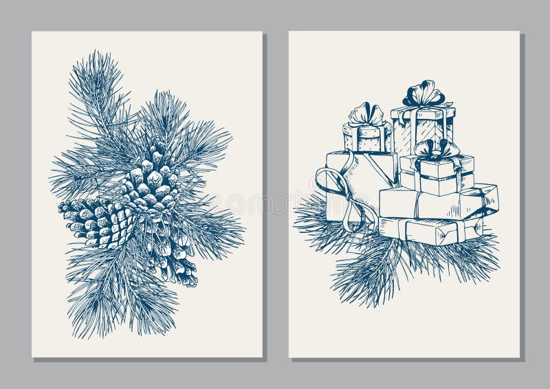 Christmas Cards with Stack of Gift Boxes, Pine Branches and Cones ...