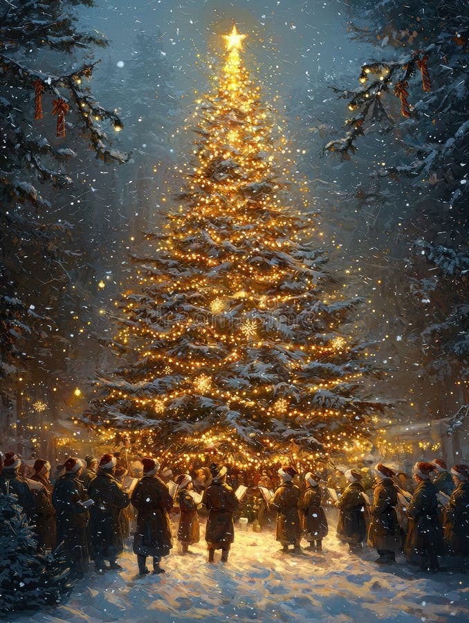 Christmas Carolers Singing Around a Lit Tree Stock Illustration ...