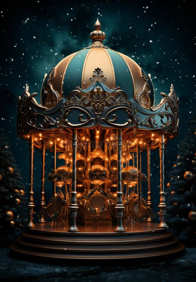 Christmas Carousel in the Forest, Illustration, Vintage Style Stock ...