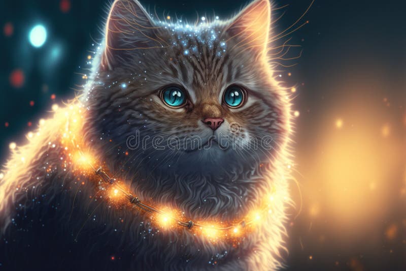 Christmas Cat Covered in Glowing Lights. Generative AI Stock ...