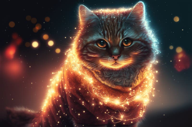 Christmas Cat Covered in Glowing Lights. Generative AI Stock ...