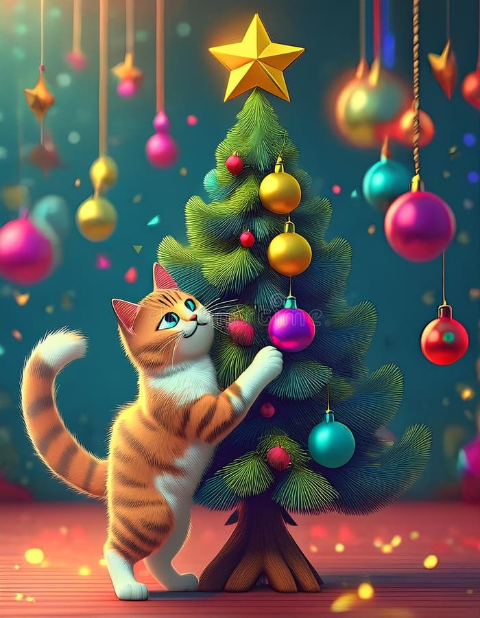 Christmas Cat in Tree Cartoon Stock Illustration - Illustration of card ...