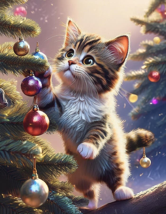 Christmas Cat in Tree Cartoon Stock Photo - Image of pets, decoration ...