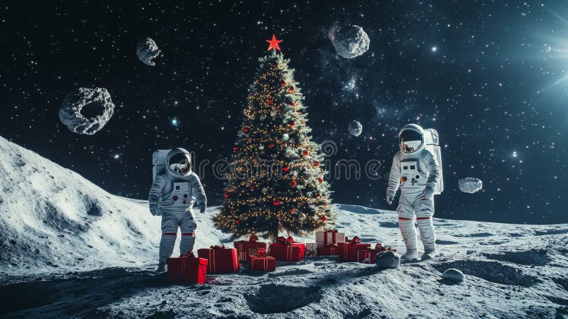 Christmas Celebration on the Moon with Astronauts and Floating Presents ...