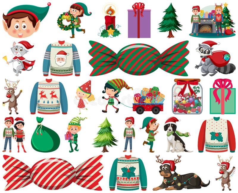 Christmas Characters and Elements Set Stock Vector - Illustration of ...