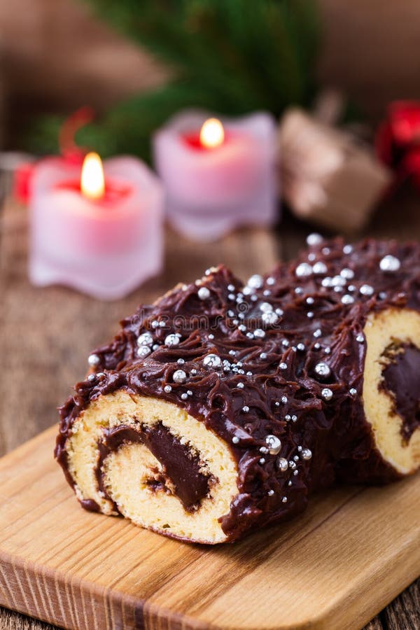 Christmas Buche De Noel Cake Stock Photo - Image of chocolate, homemade ...