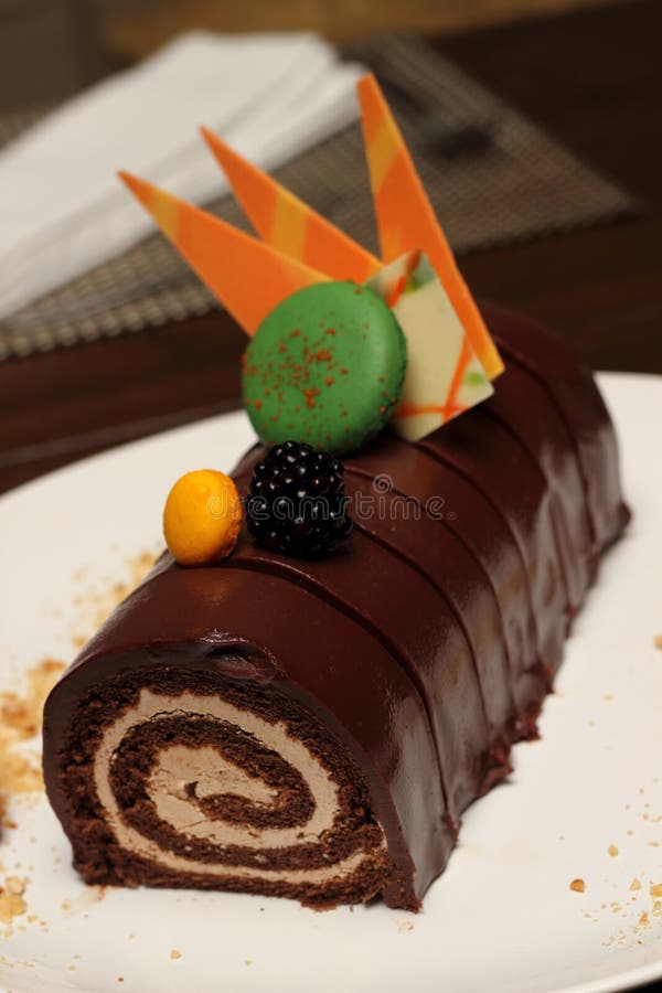 Christmas Chocolate Log with Strawberry Stock Photo - Image of food ...