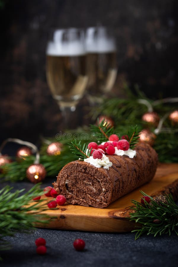 Christmas Chocolate Roll Cake with Cream Stock Image - Image of ...