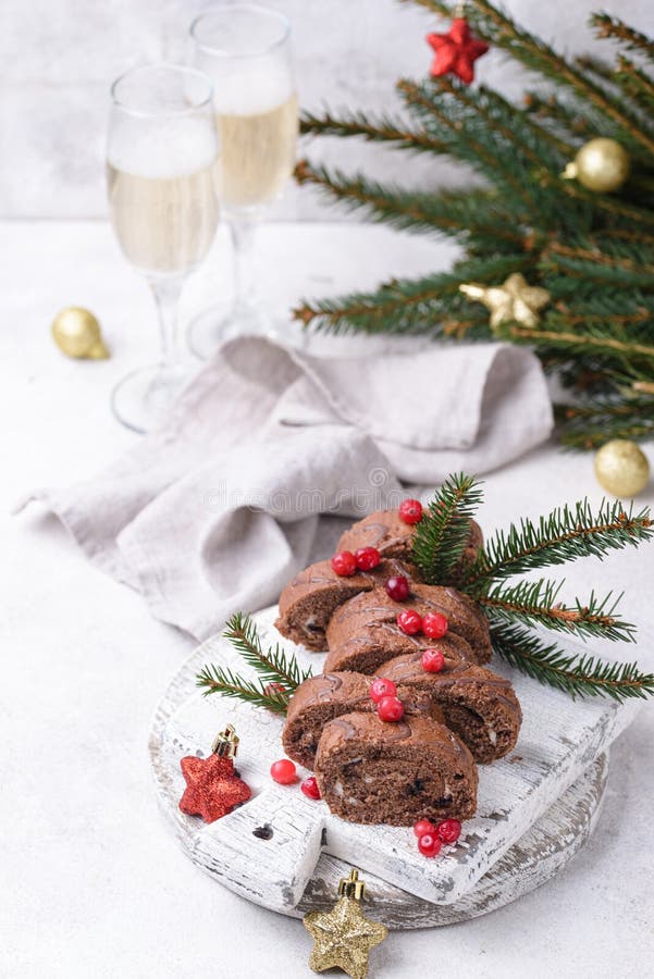 Christmas Chocolate Roll Cake with Cream Stock Image - Image of roulade ...