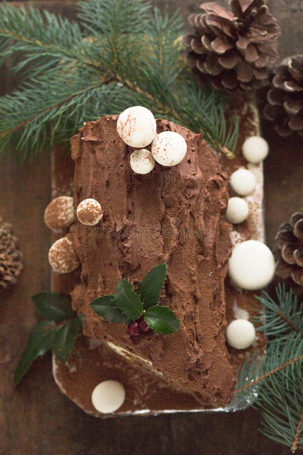 Christmas Chocolate Yule Log with Decor of Colored Chocolate on a ...