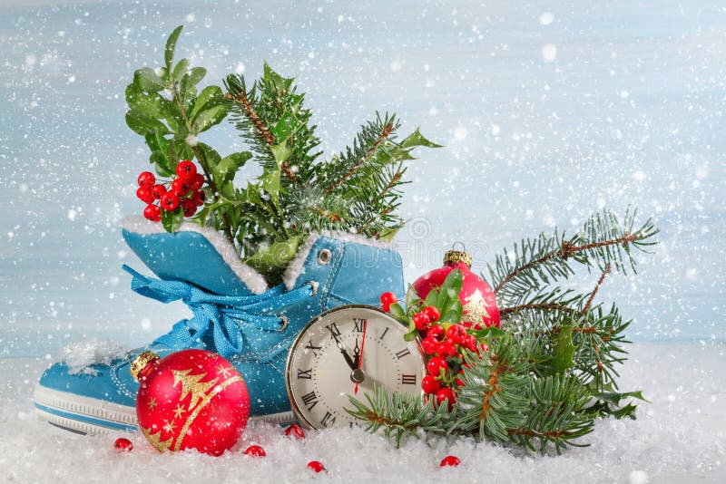 Christmas clock with boots stock image. Image of light - 61720033