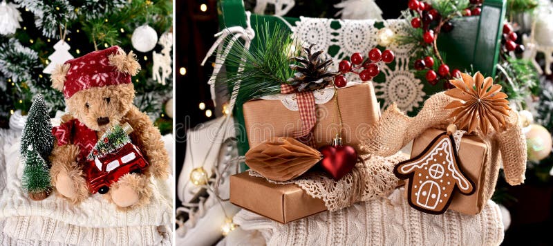 Christmas Collage with Gift Boxes in Rustic Style and Cute Teddy Bear ...