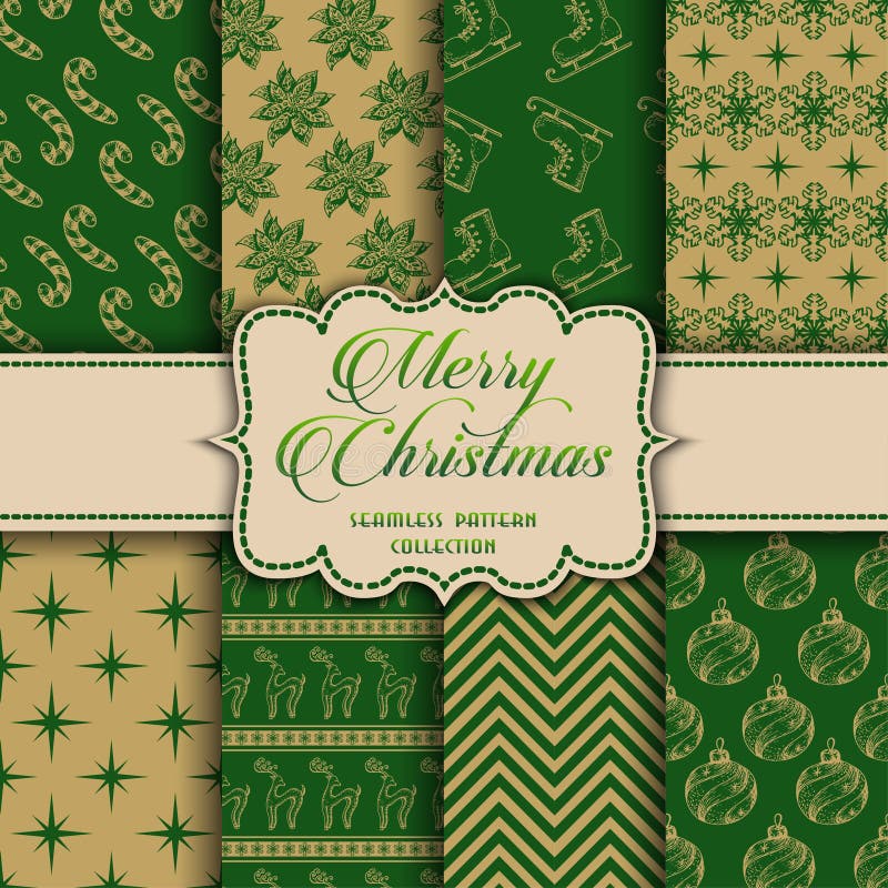 Christmas Collection of Seamless Patterns with Green and Golden Colors ...