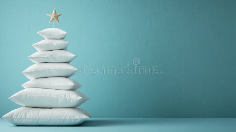 Christmas Comfort Stack of White Pillows Forming Christmas Tree with ...