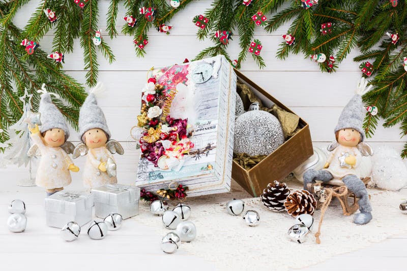 Christmas Composition. Angels and Decorated Christmas Gift Box Stock ...
