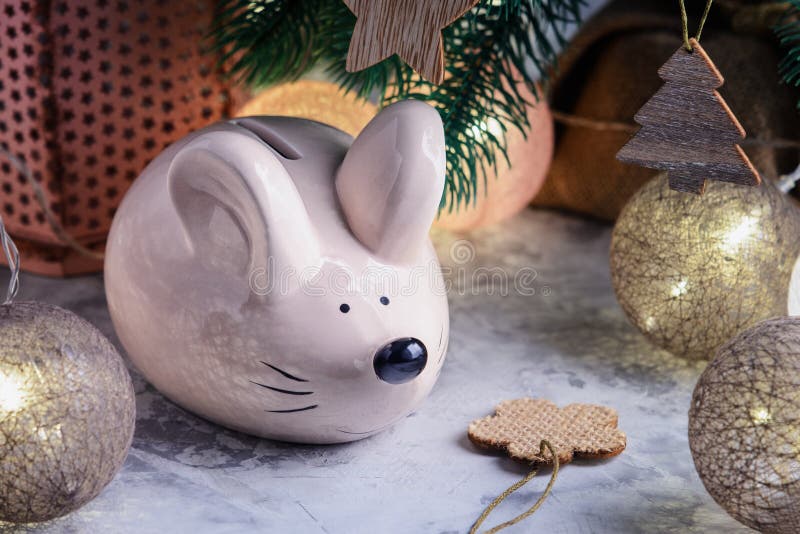 Christmas Composition. Ceramic Mouse Under the Christmas Tree Stock ...