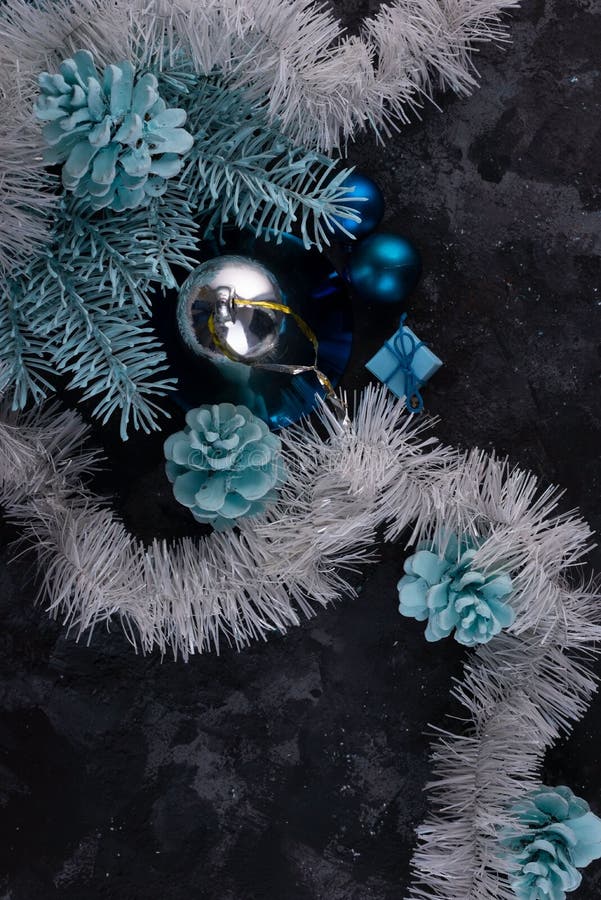 Christmas Composition Minimalistic White-blue Toys on a Dark Background ...