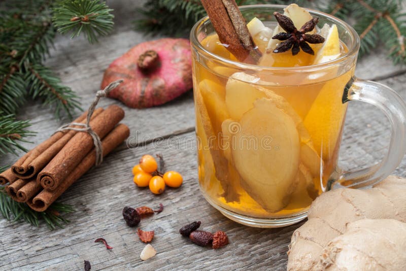 Christmas Composition. Spruce Branches, Candy Cane, Warming Tea with ...