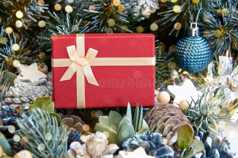 Christmas Composition with Christmas Tree Branches, Red Tinsel, Gift ...