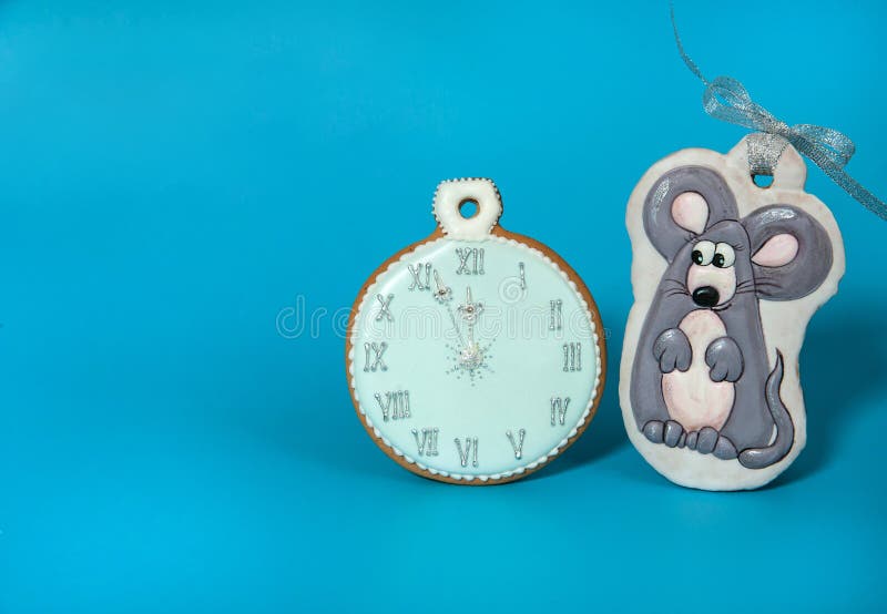 Wo Handmade Gingerbread in the Form of a Clock and a Funny Gray Rat ...