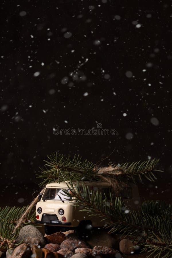 Christmas Concept. Small Car Carries a Branch of a Christmas Tree Stock ...