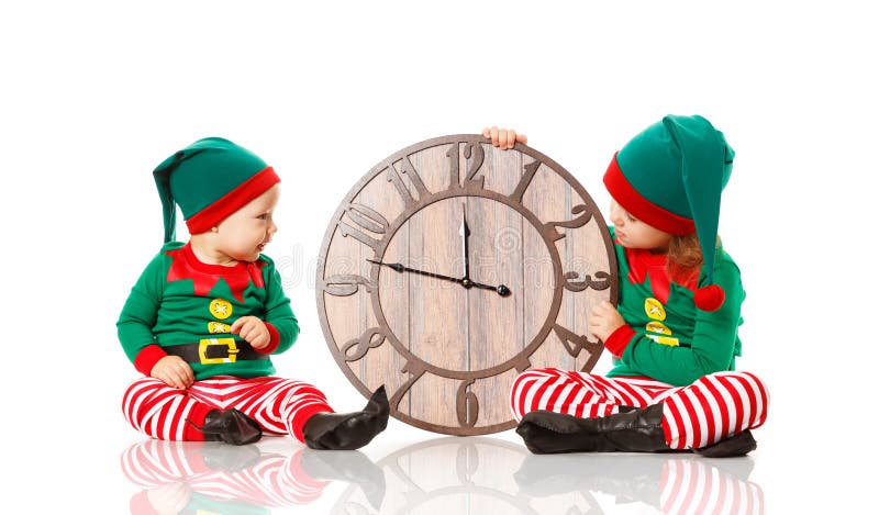Christmas Concept. Two Little Elf Helper of Santa with Clock Iso Stock ...