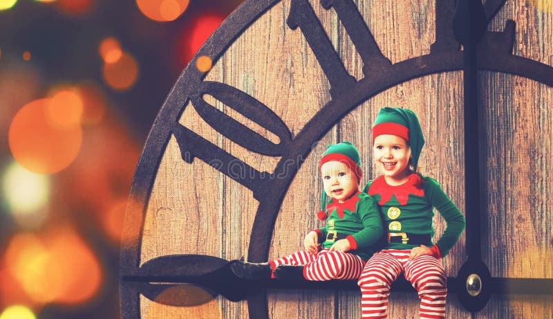 Christmas Concept. Two Little Elf Helper of Santa Stock Photo - Image ...