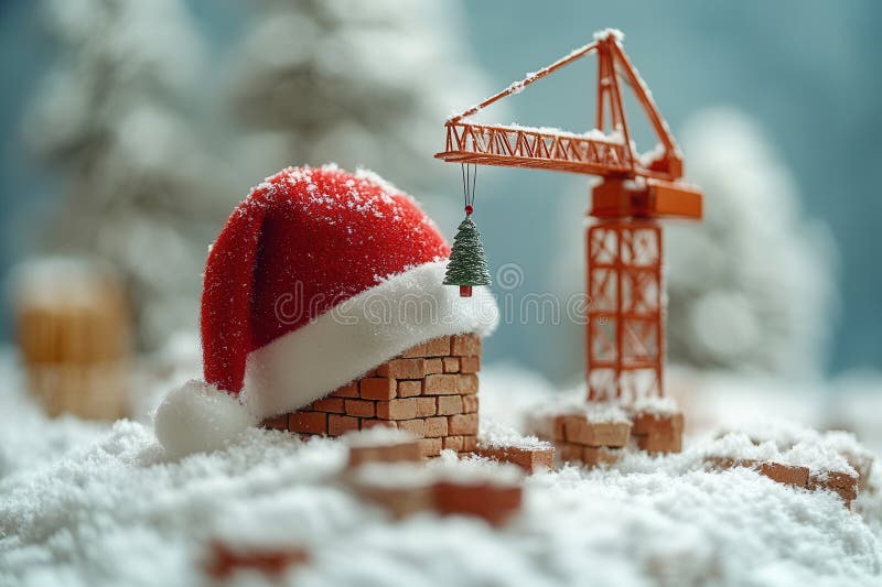 Christmas Construction Scene with a Festive Hat and Tiny Tree in a ...