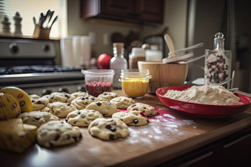Christmas Cookie Baking in the Kitchen, with Ingredients and Baking ...
