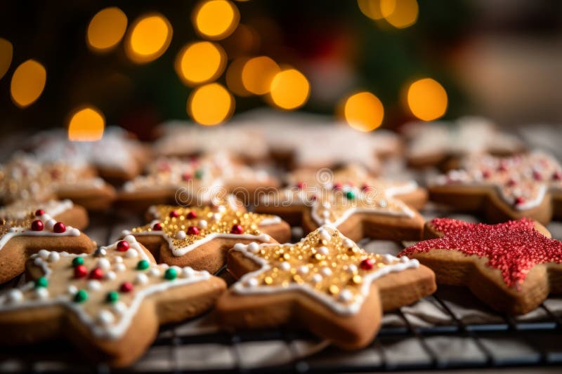 Christmas Cookies on a Cooling Rack in Front of a Christmas Tree Stock ...