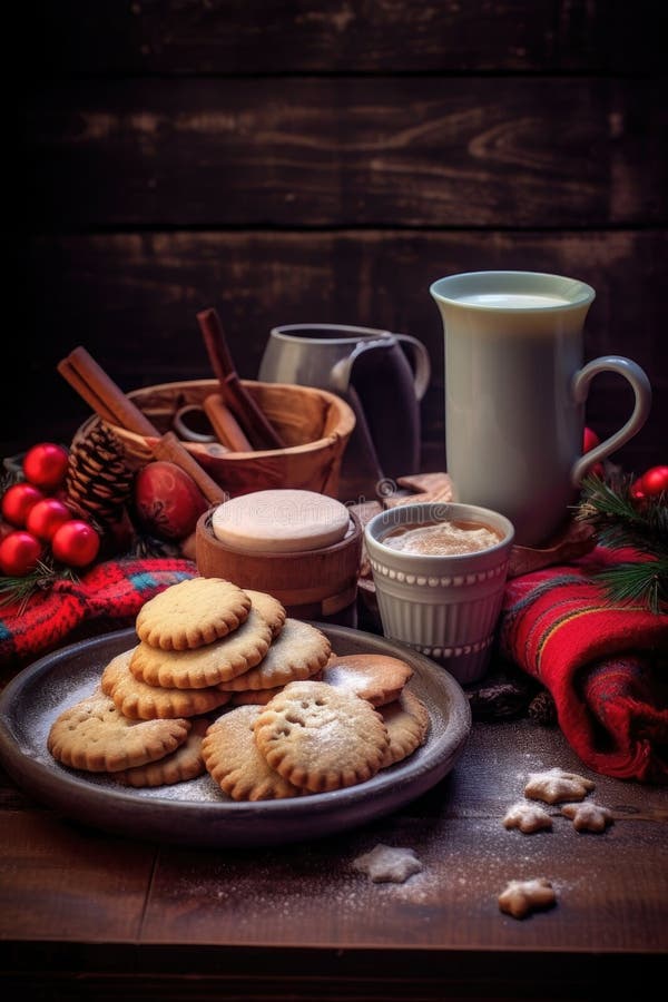 Christmas Cookies and Hot Cocoa on a Rustic Table Stock Illustration ...