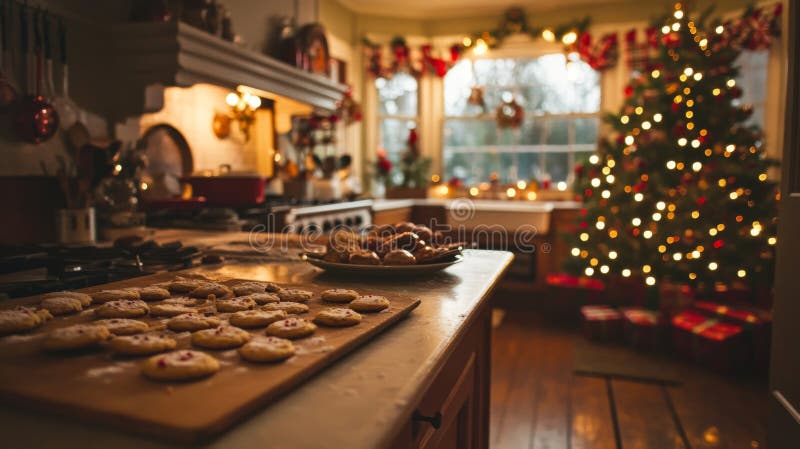 Christmas Cookies on a Kitchen Counter with a Decorated Christmas Tree ...
