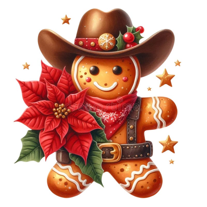 Christmas Cowboy Gingerbread Man with Flowers Stock Illustration ...