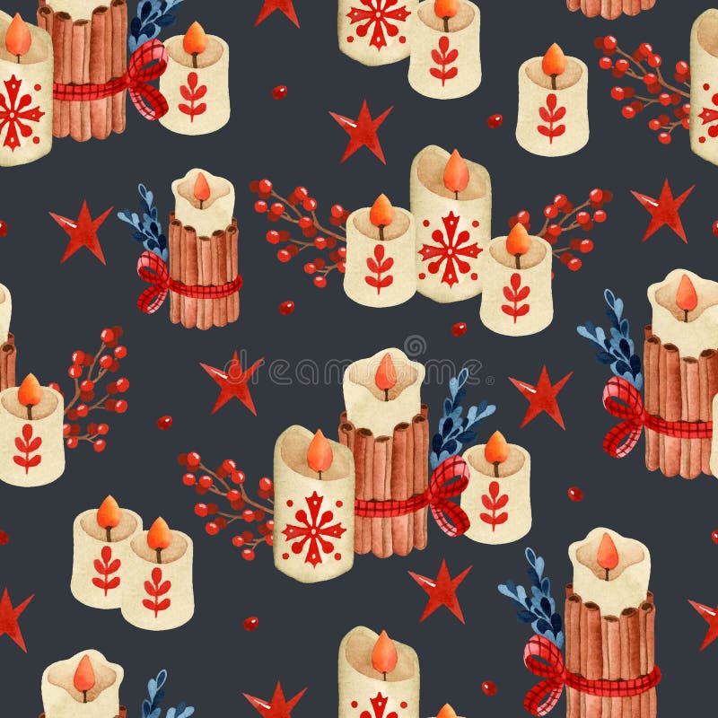 Cozy Rustic Candles with Berries and Stars Christmas Seamless Pattern ...