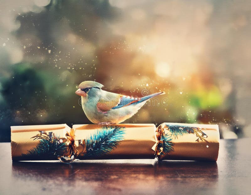 A Christmas Cracker on a Table, with a Tiny Bird Stock Illustration ...
