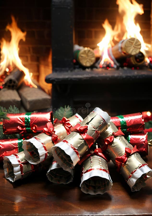 Christmas Crackers Arranged on a Holiday Table, with a Roaring Fire in ...