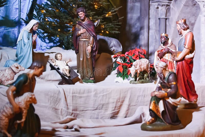 Christmas Creche with Joseph Mary and Jesus Stock Image - Image of ...