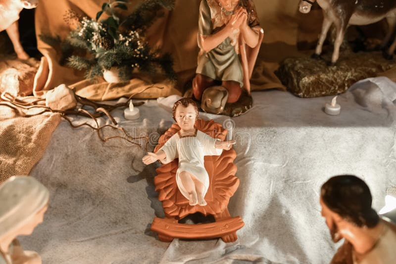 Christmas Creche with Joseph Mary and Jesus Stock Photo - Image of ...