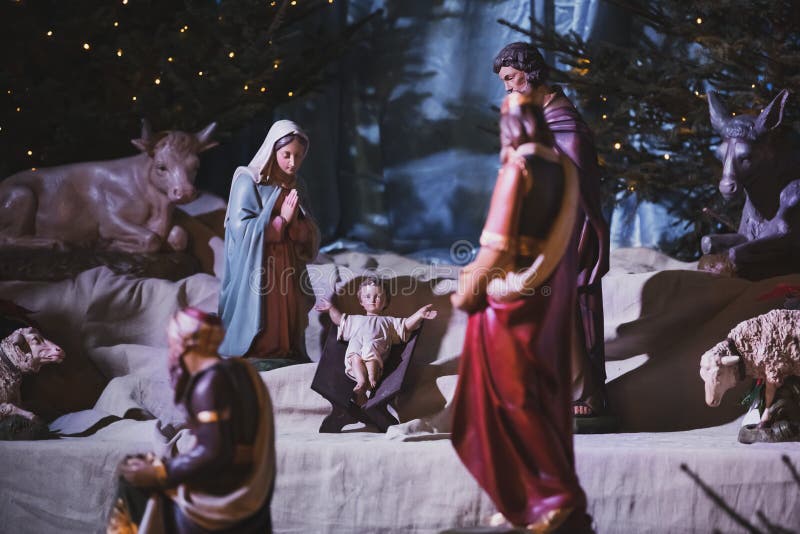Christmas Creche with Joseph Mary and Jesus Stock Image - Image of ...