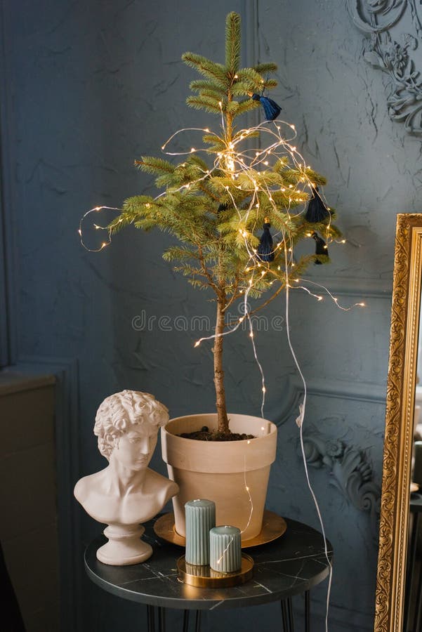Christmas Decor, Bust Statue, Candles and a Potted Christmas Tree with ...