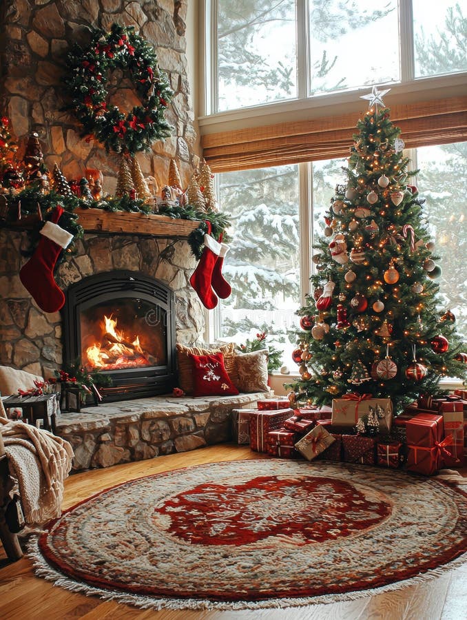 Christmas Decor Fireplace Interior Stock Illustration - Illustration of ...