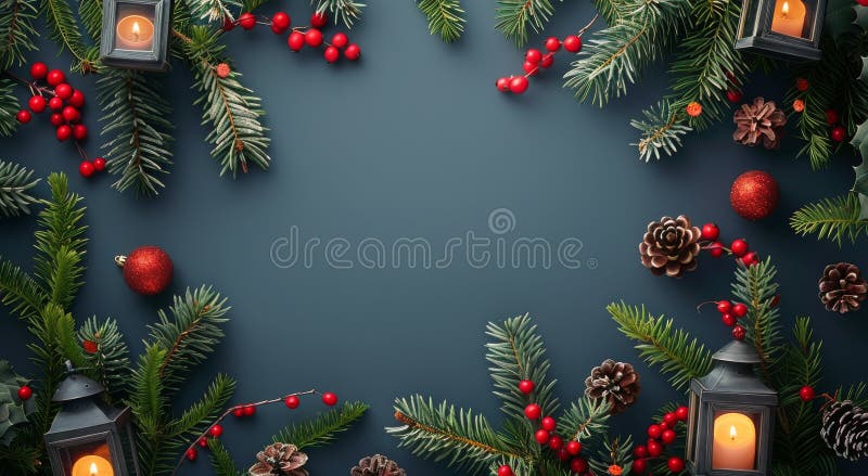 Christmas Decor with Lanterns and Pine Branches Stock Photo - Image of ...