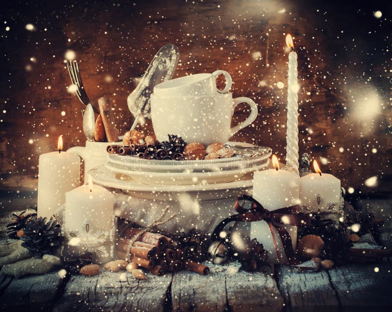 Christmas Decor on the Table in Festive Composition. Drawn Snow Stock ...