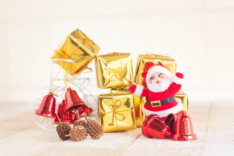 Christmas with Decorate and Santa Claus Gift Boxes on Wooden Boad ...