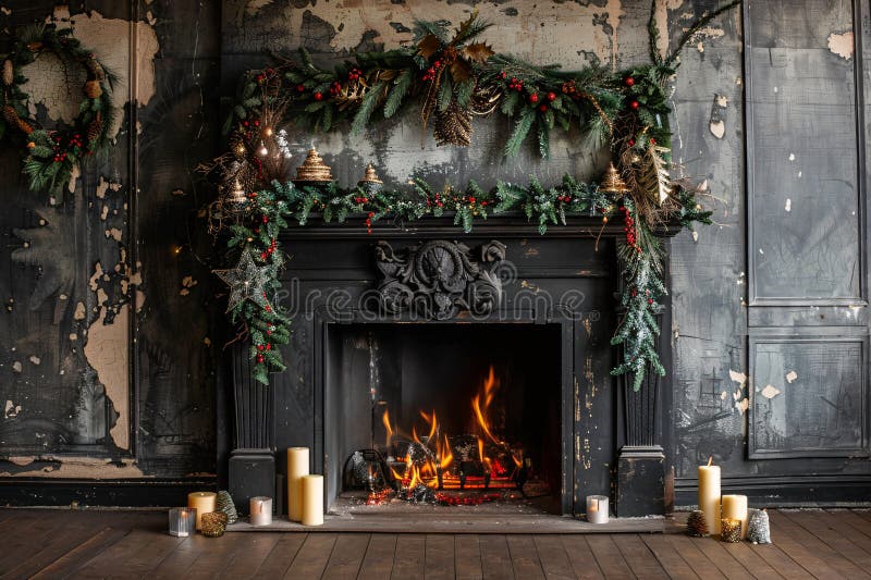 Christmas Decorated Fireplace with Burning Fire Stock Illustration ...