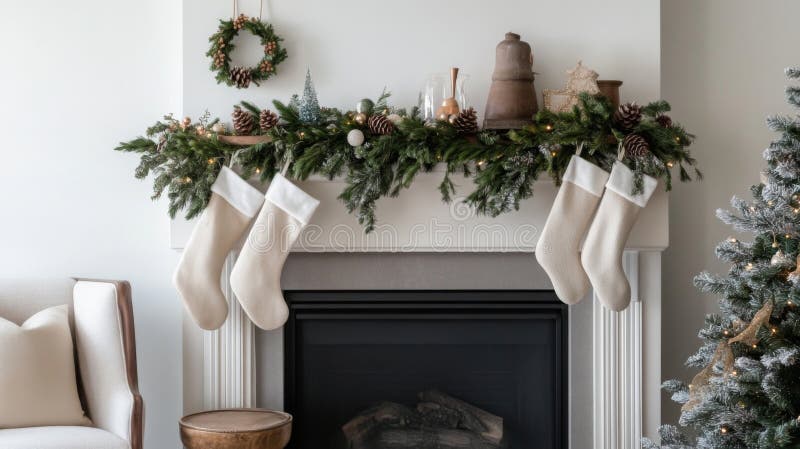 Christmas Decorated Fireplace with Stocking and Garland Stock ...
