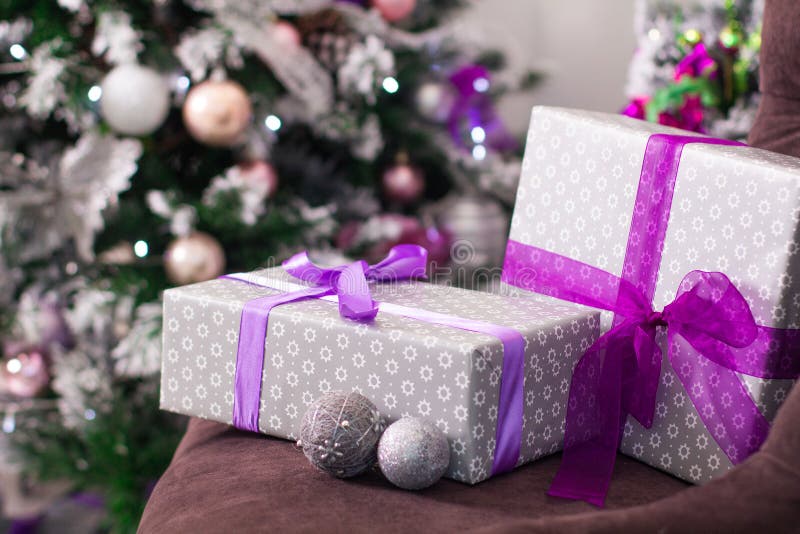 Christmas Decorated and Gift Box in Light Room. Holiday Time Stock ...