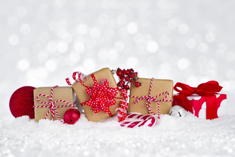 Christmas Decorated Gift Boxes in Snow Over Abstract Background Stock ...