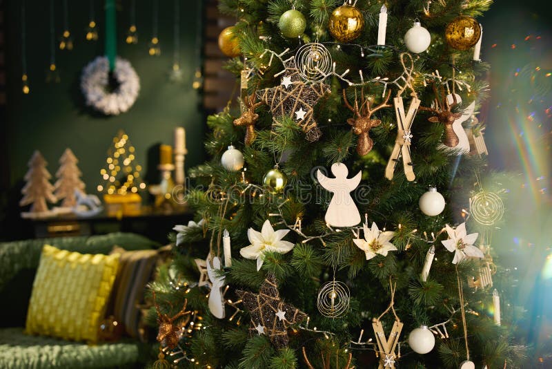 Christmas Decorated Green Home with Big Christmas Tree Stock Photo ...